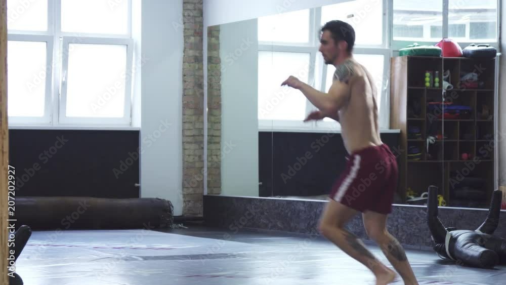 Handsome ripped mma fighter working out, preparing for a fight at the ...