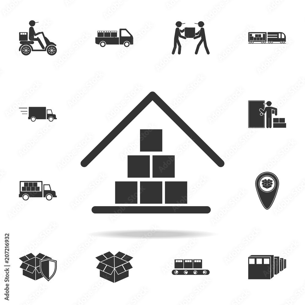 warehouse with packing box icon. Detailed set of logistic icons ...