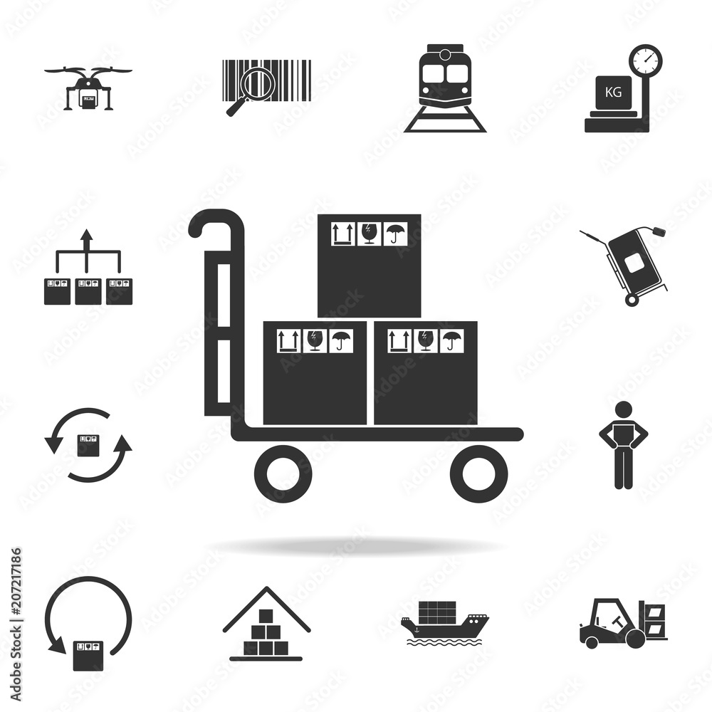 trolley with a packing box icon. Detailed set of logistic icons ...