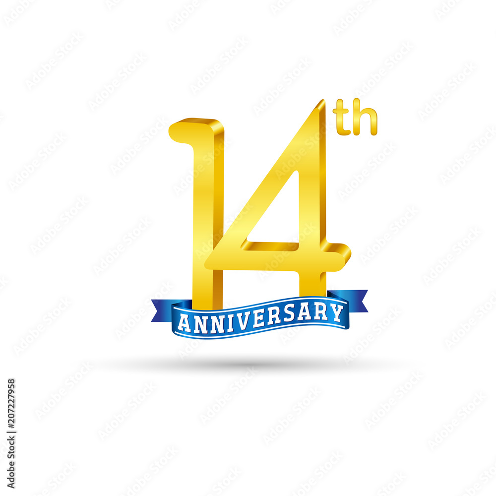 14th golden Anniversary logo with blue ribbon isolated on white ...
