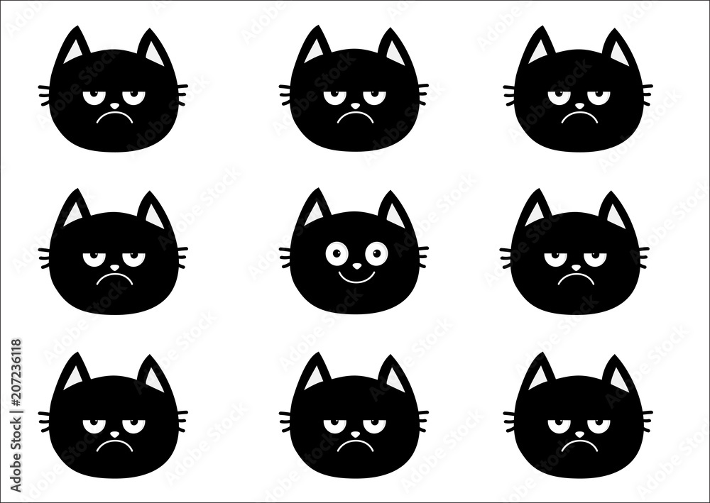 Cute black cat set. Emotion collection. Happy, smiling and sad, angry ...