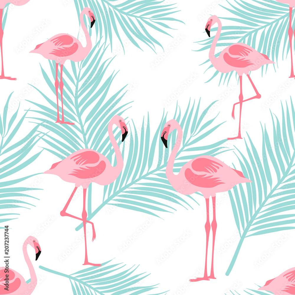 Seamless pattern flamingo standing on tropical leaves and white ...