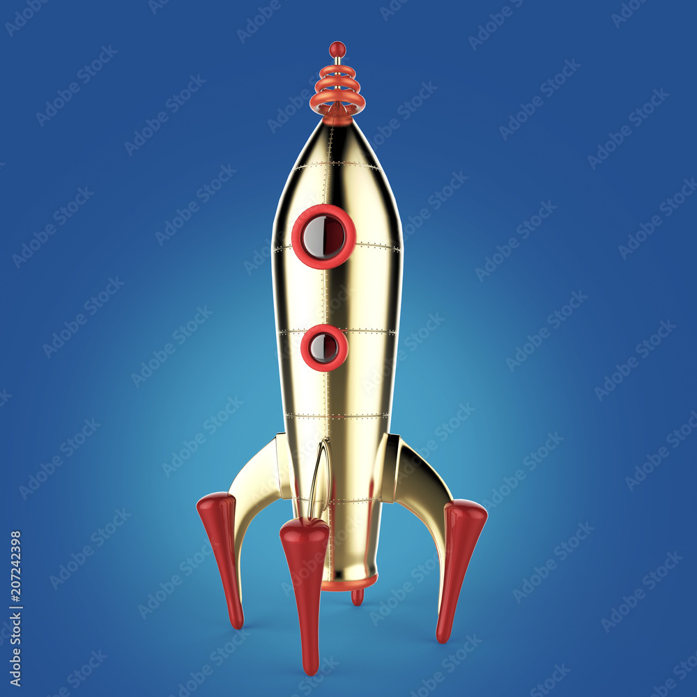 vintage colorful rocket spaceship with riveted body and two windows ...