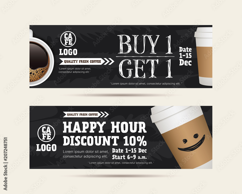 Coffee gift voucher coupon cafe beverage, buy 1 get free, happy hour ...