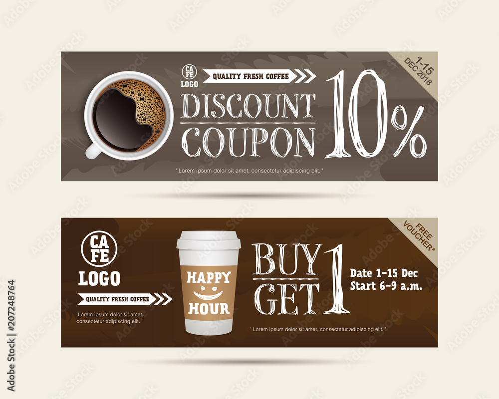 Coffee gift voucher coupon cafe beverage, buy 1 get free, happy hour ...