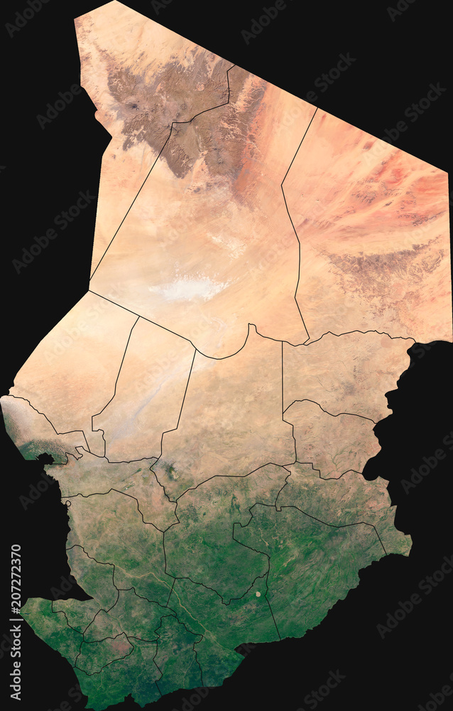 Large (14 MP) satellite image of Chad with internal (regions) borders ...