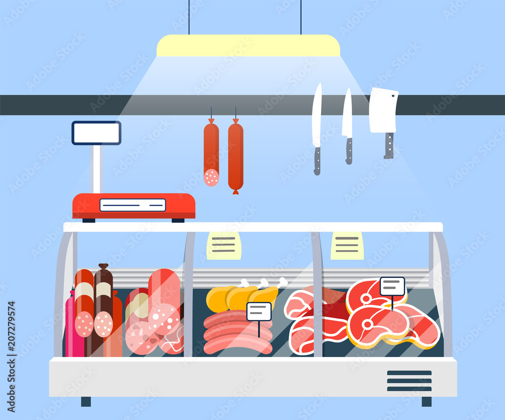 Meat Stand in Supermarket, Meat Display Refrigerator Showcase vector ...