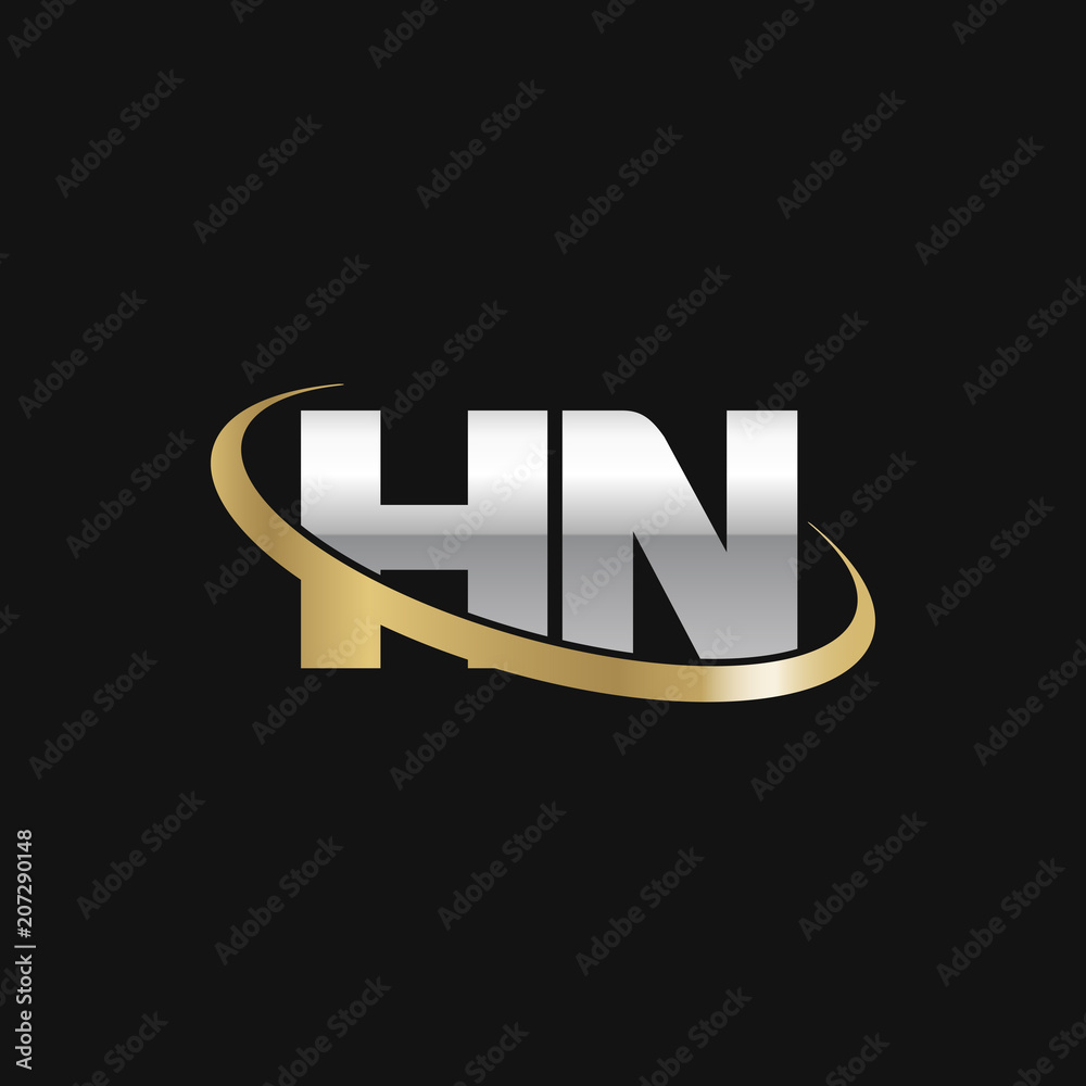 Initial letter HN, overlapping swoosh ring logo, silver gold color on ...