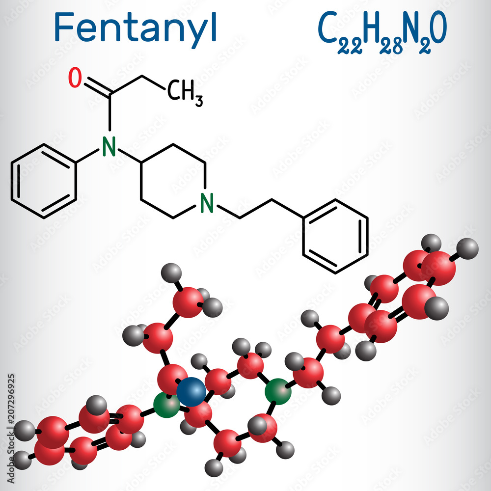 Fentanyl molecule. It is opioid analgesic. Structural chemical formula ...