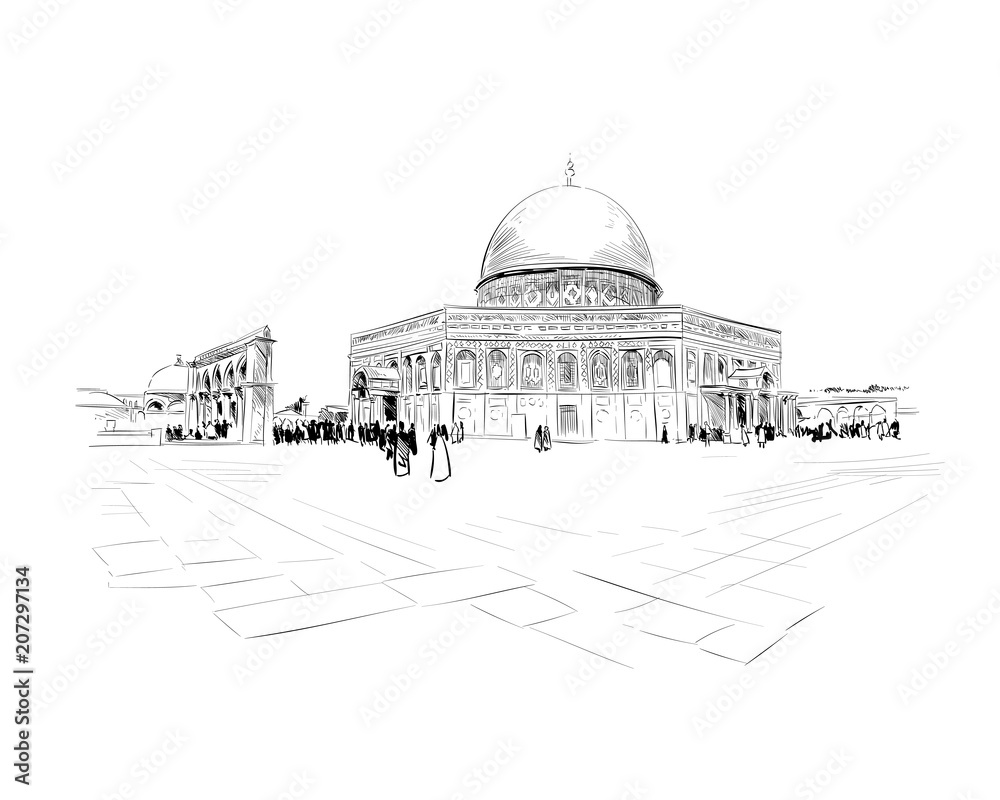 Israel. Jerusalem. Temple mount. Dome of the Rock. Hand drawn sketch ...