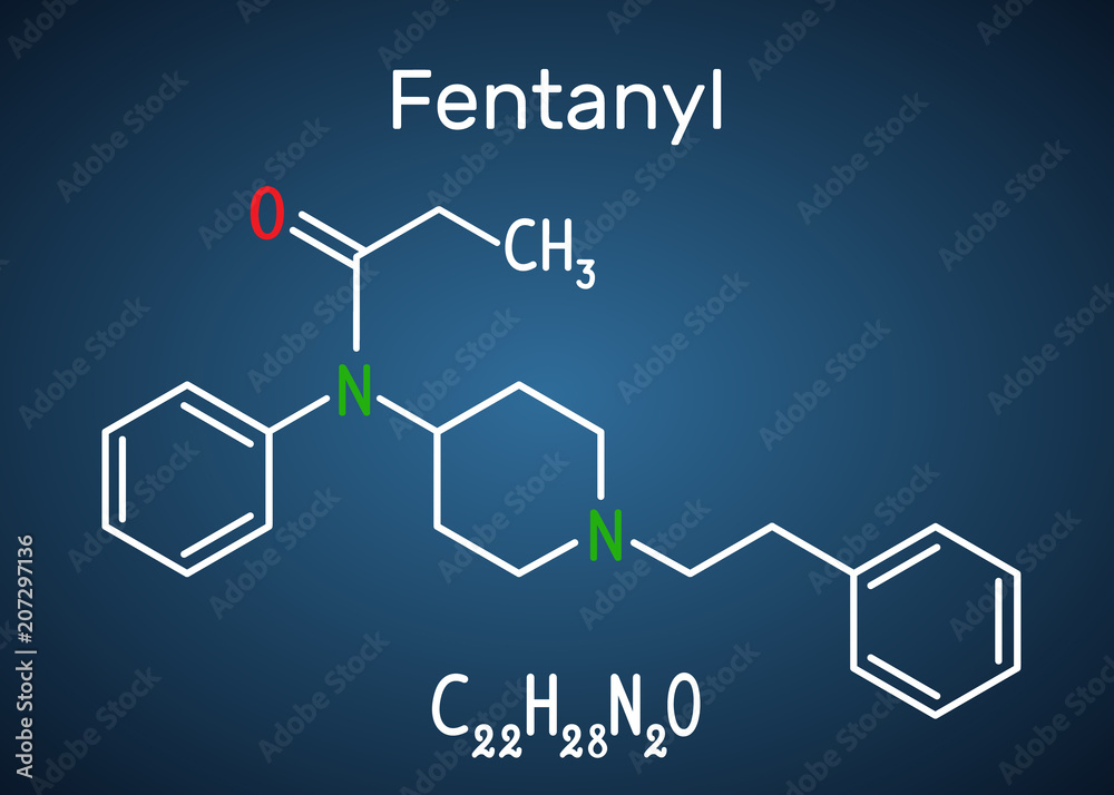 Fentanyl molecule. It is opioid analgesic. Structural chemical formula ...