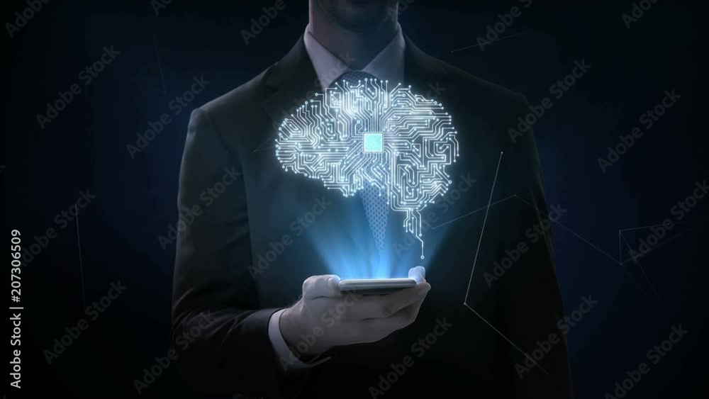 Businessman slide touch smart phone, mobile, digital brain connected ...