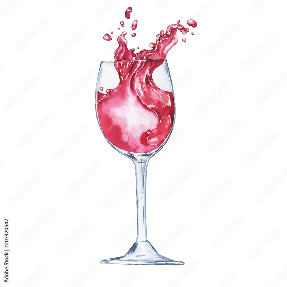 Glass of red wine splash isolated on white background. Hand drawn ...