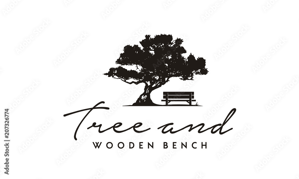 Silhouette of Wood Bench and tree illustration logo design Stock Vector ...
