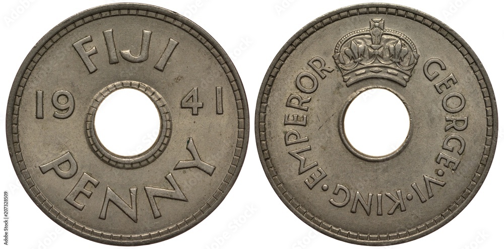 British Fiji Fijian coin 1 one penny 1941, center hole divides date ...