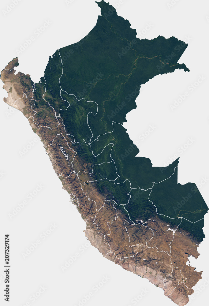Large (29 MP) satellite image of Peru with internal (regions) borders ...