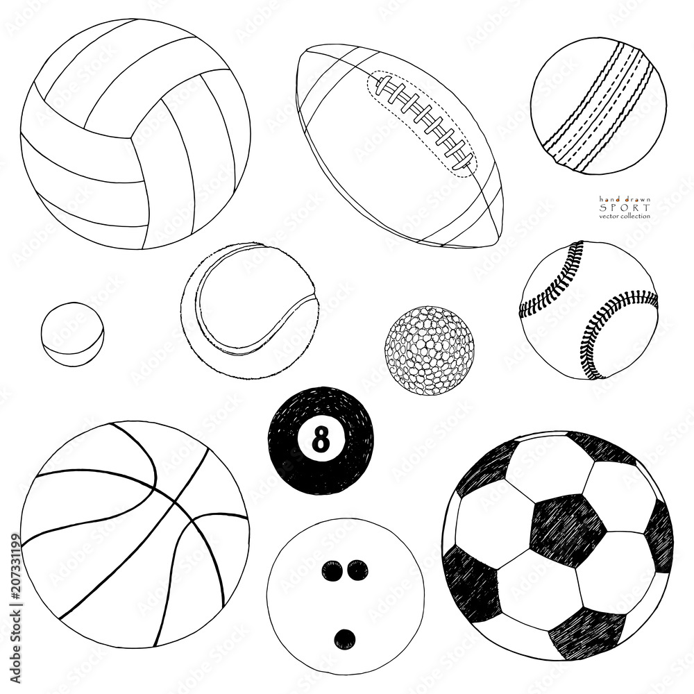 Vector set of sport balls. Hand drawn sketch. Isolated on white ...