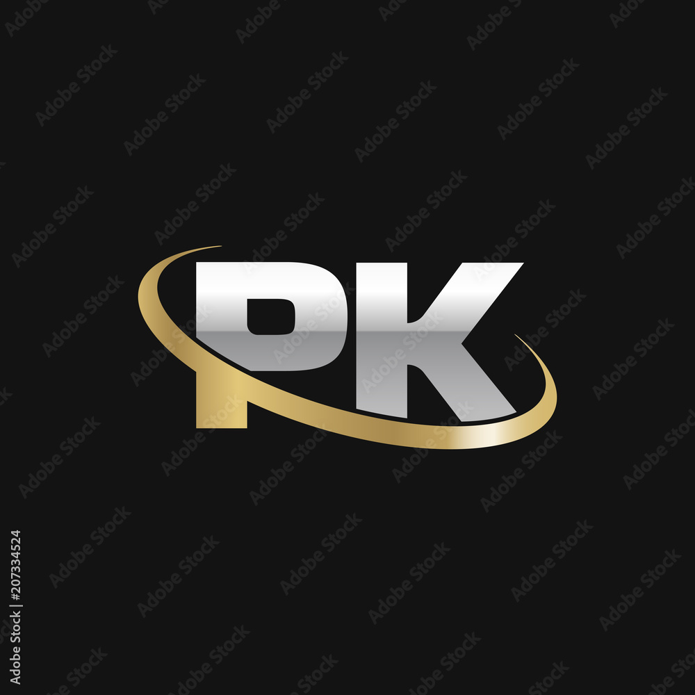 Initial letter PK, overlapping swoosh ring logo, silver gold color on ...