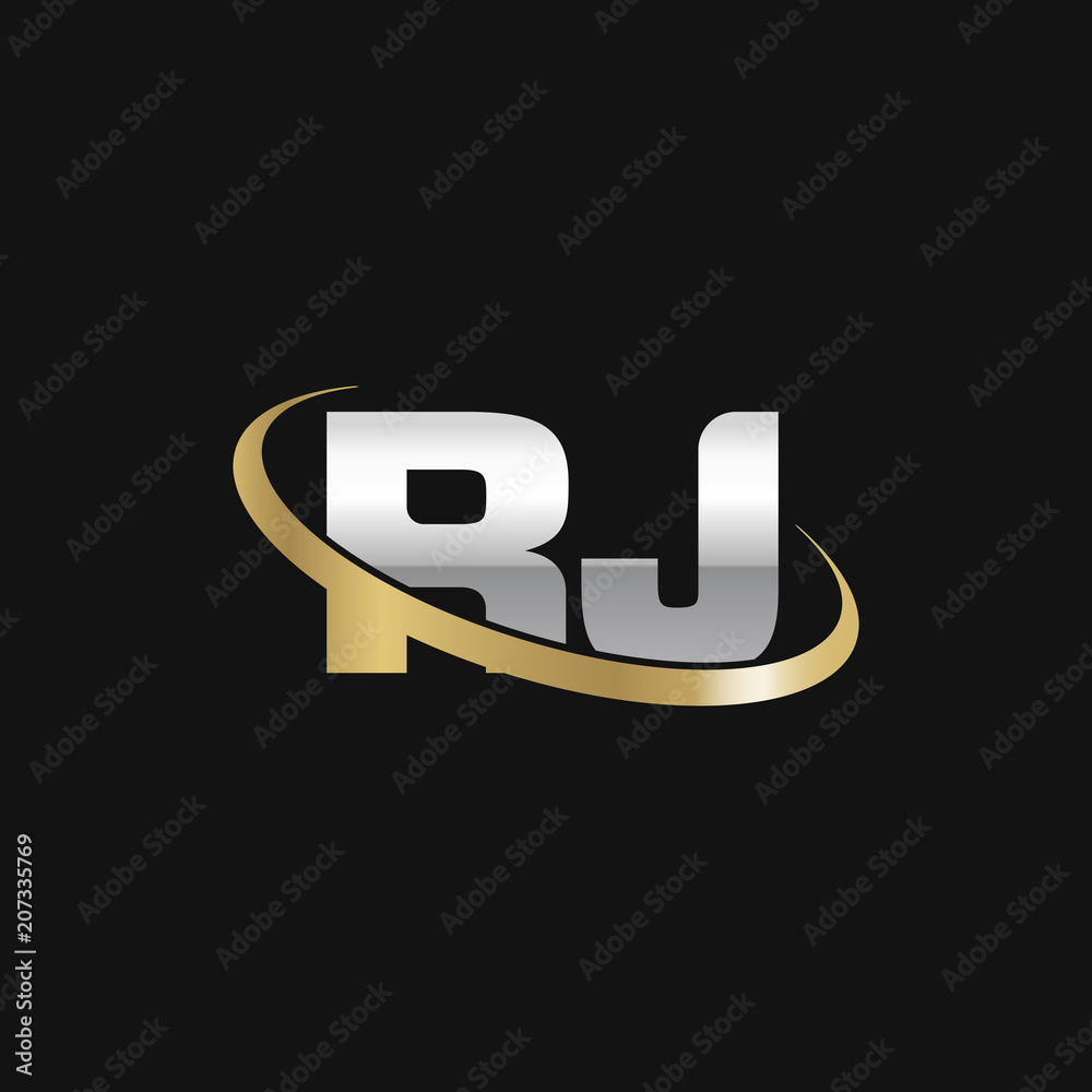 Initial letter RJ, overlapping swoosh ring logo, silver gold color on ...