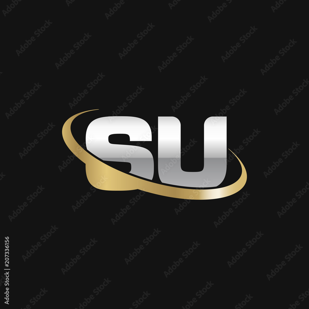 Initial letter SU, overlapping swoosh ring logo, silver gold color on ...