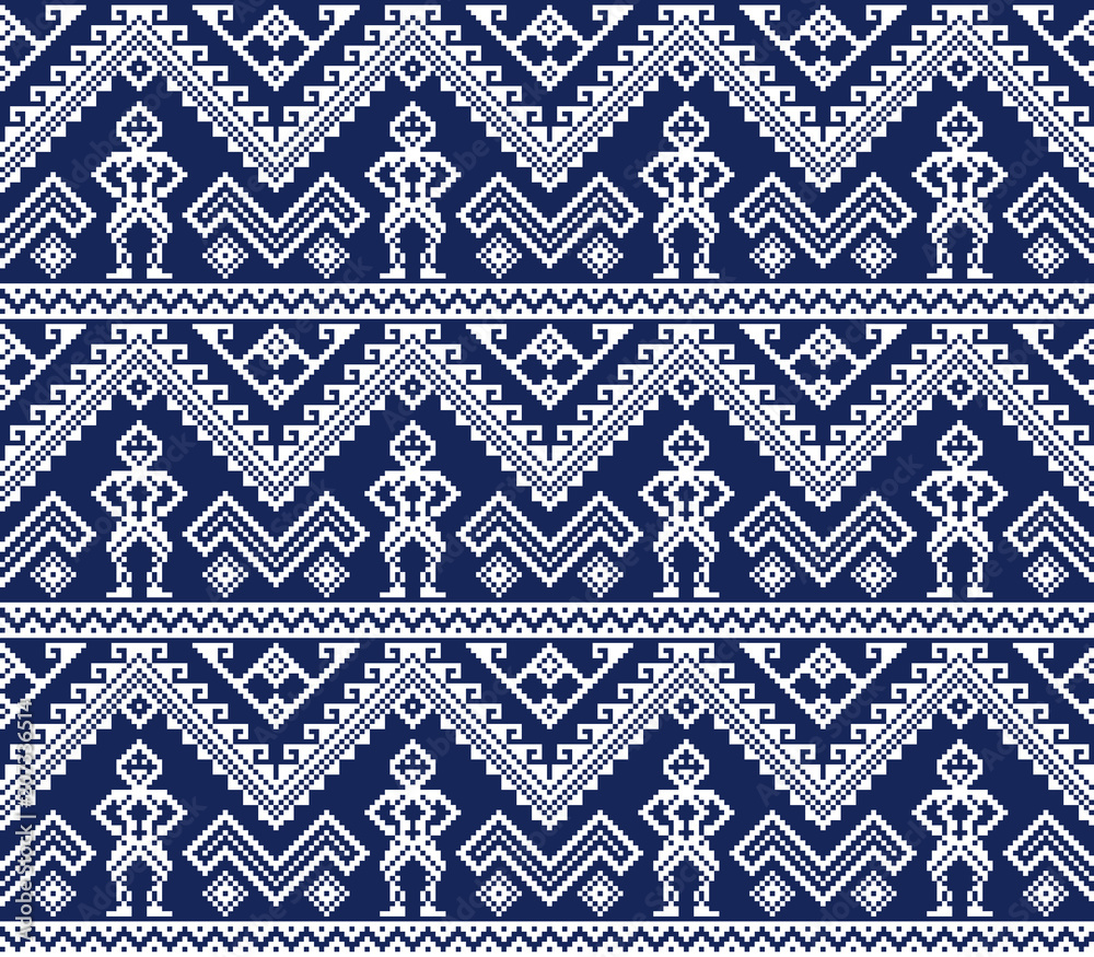 Seamless geometric ethnic pattern. Navy blue and white colors ...