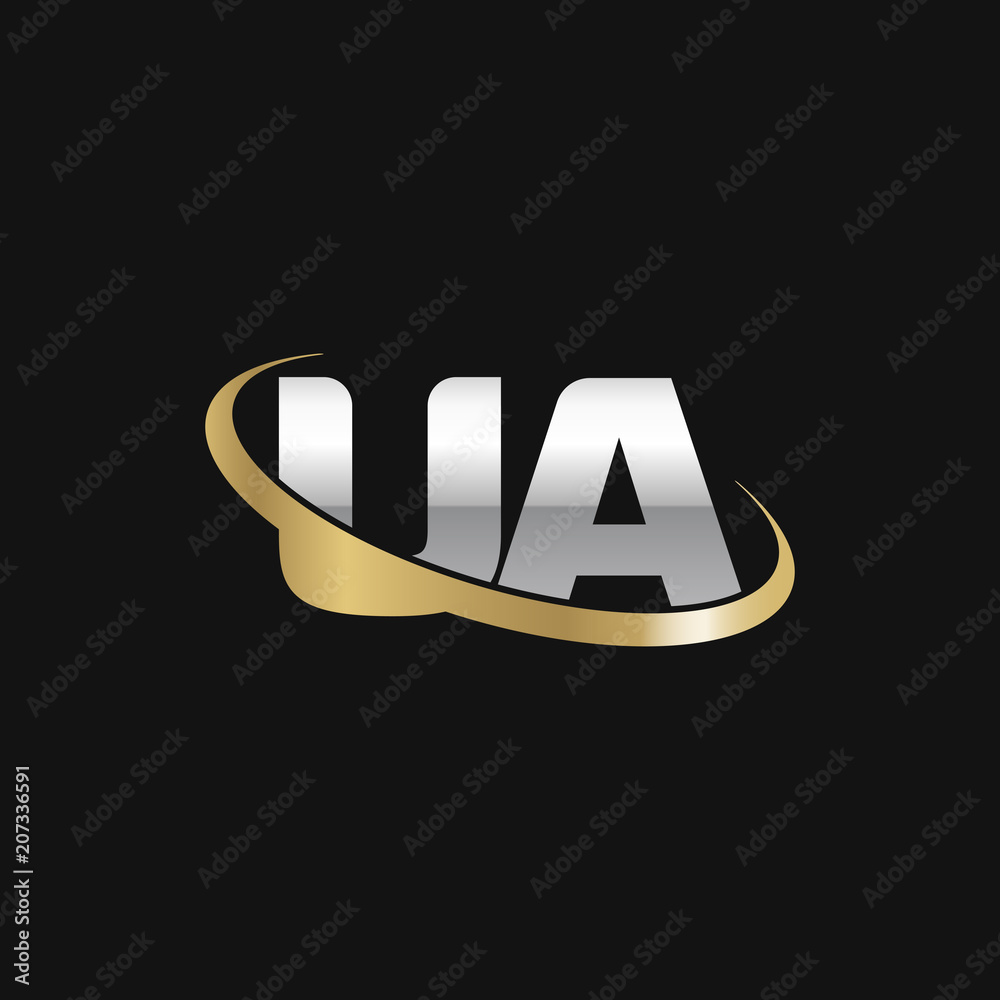 Initial letter UA, overlapping swoosh ring logo, silver gold color on ...