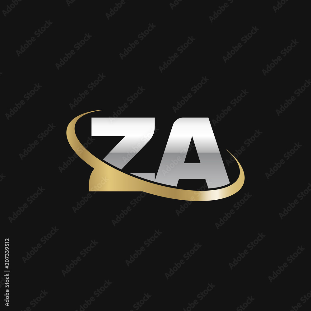 Initial letter ZA, overlapping swoosh ring logo, silver gold color on ...