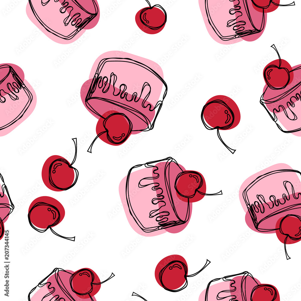 Cherry cake, pink cake seamless pattern. Hand drawn vector seamless ...