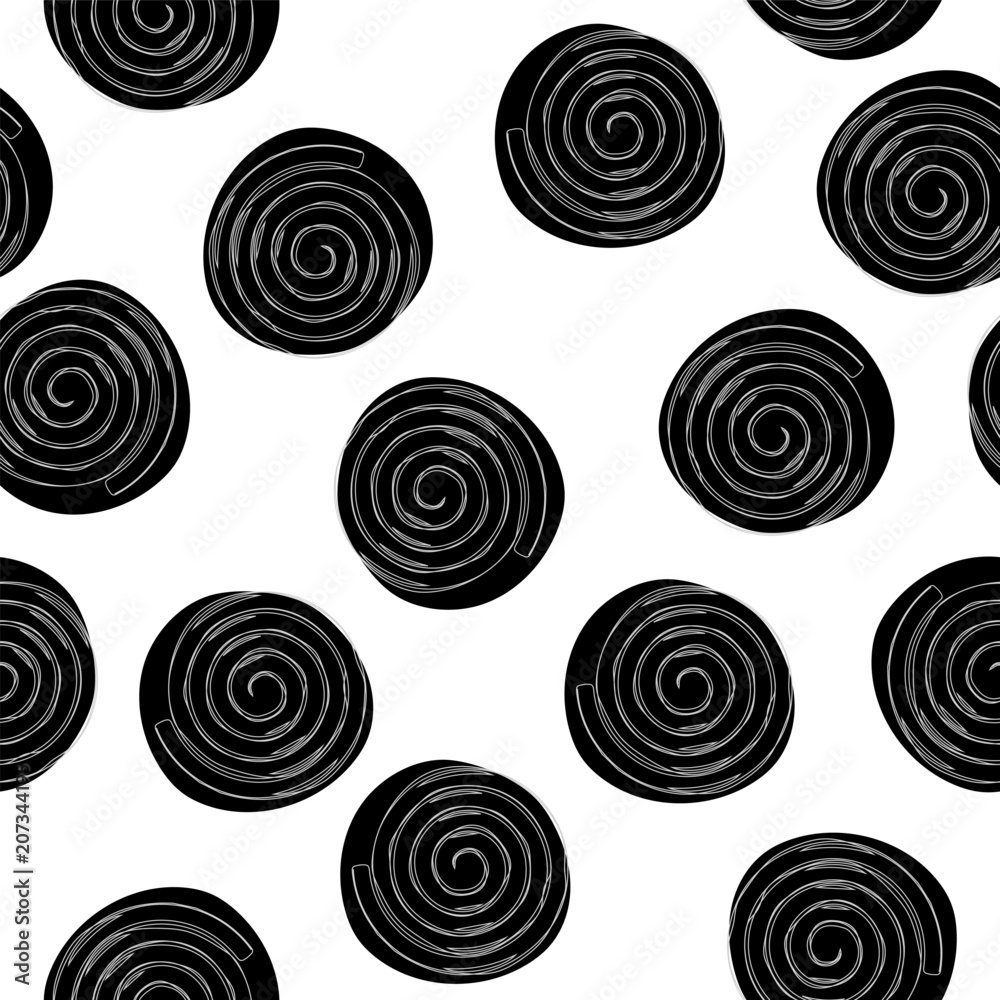 Licorice wheels candies seamless pattern. Candy flavored licorice. Hand drawn vector seamless ...