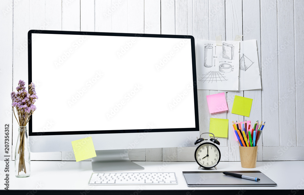 Poster workplace background for designers with Blank white screen ...