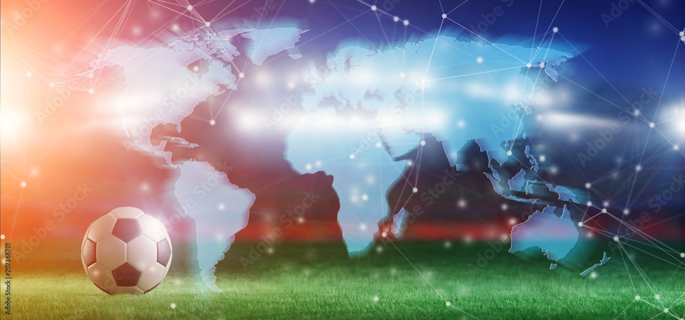 World map over a football stadium fot world cup competition - 3d ...