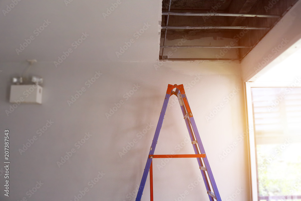 Repair ceiling panels hole in roof office from drain pipes leakage with ...