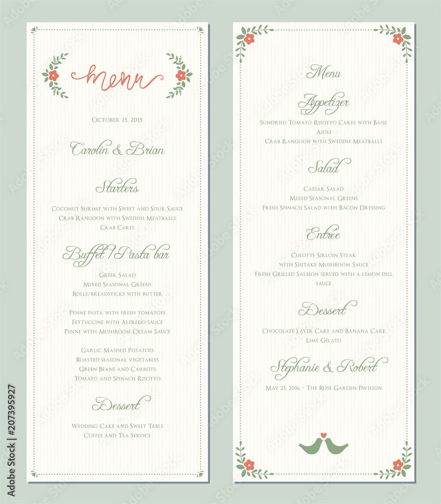 Garden greenery printable wedding menu template. Vector illustration ...