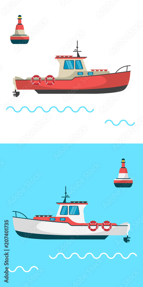 Fishing boat side view and buoys with blue sea background and isolated ...