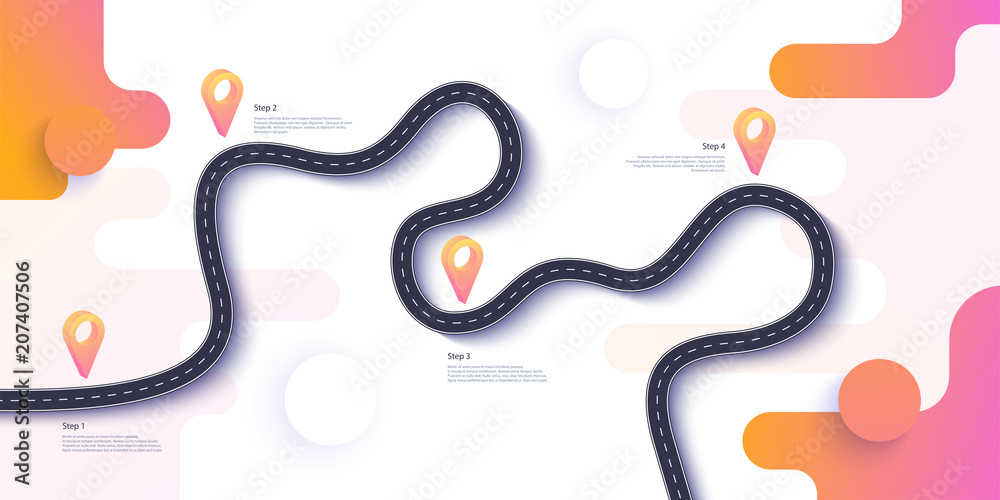 Road map and journey route infographics template. Winding road timeline ...