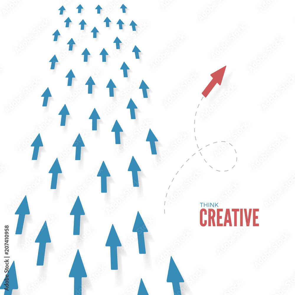 Think creative. Red arrow motion into different way. Freedom of thought ...