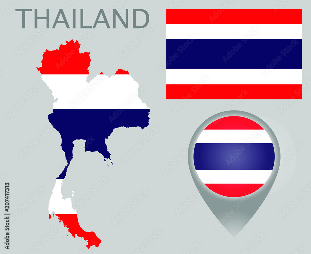 Colorful flag, map pointer and map of Thailand in the colors of the ...