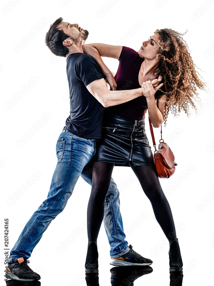 one caucasian woman victim of a thief aggression self defense isolated ...