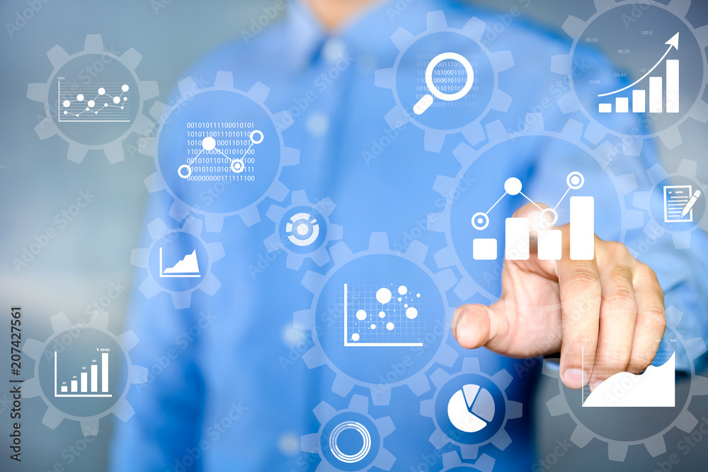 Business Process Data Analysis concept. Businessman touching Gear cogs ... Business Process Data Analysis concept. Businessman touching Gear cogs ...