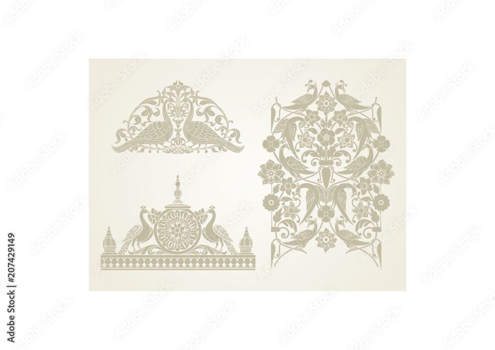 peacock motif designs, textile , Rajasthan, royal India Stock Vector ...