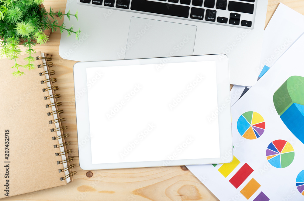 Office table top view and tablet with blank white screen Stock Photo ...