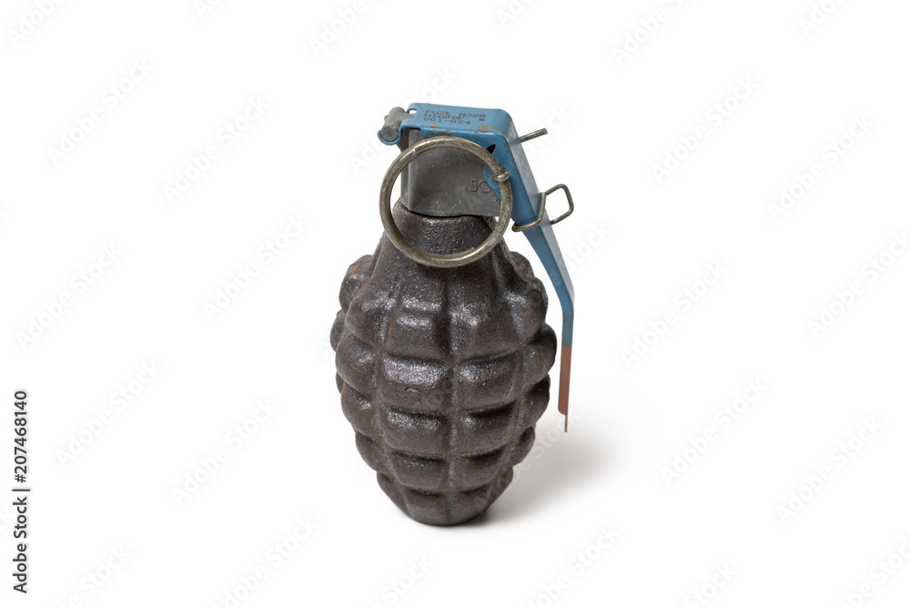 Vintage American hand grenade, Fuze M228, probably from the 1980s, isolated on white foto de ...