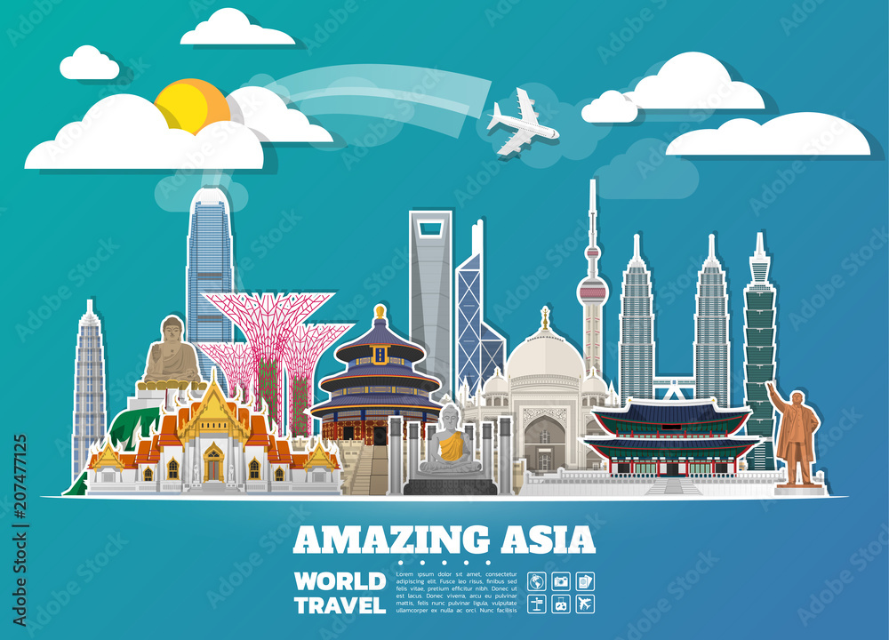 Asia famous Landmark paper art. Global Travel And Journey Infographic ...