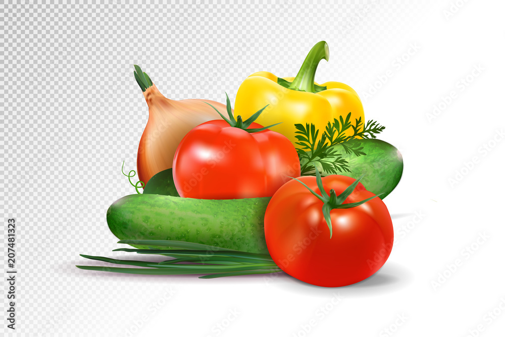 Fresh vegetables on transparent background. Tomatoes, cucumbers, pepper ...