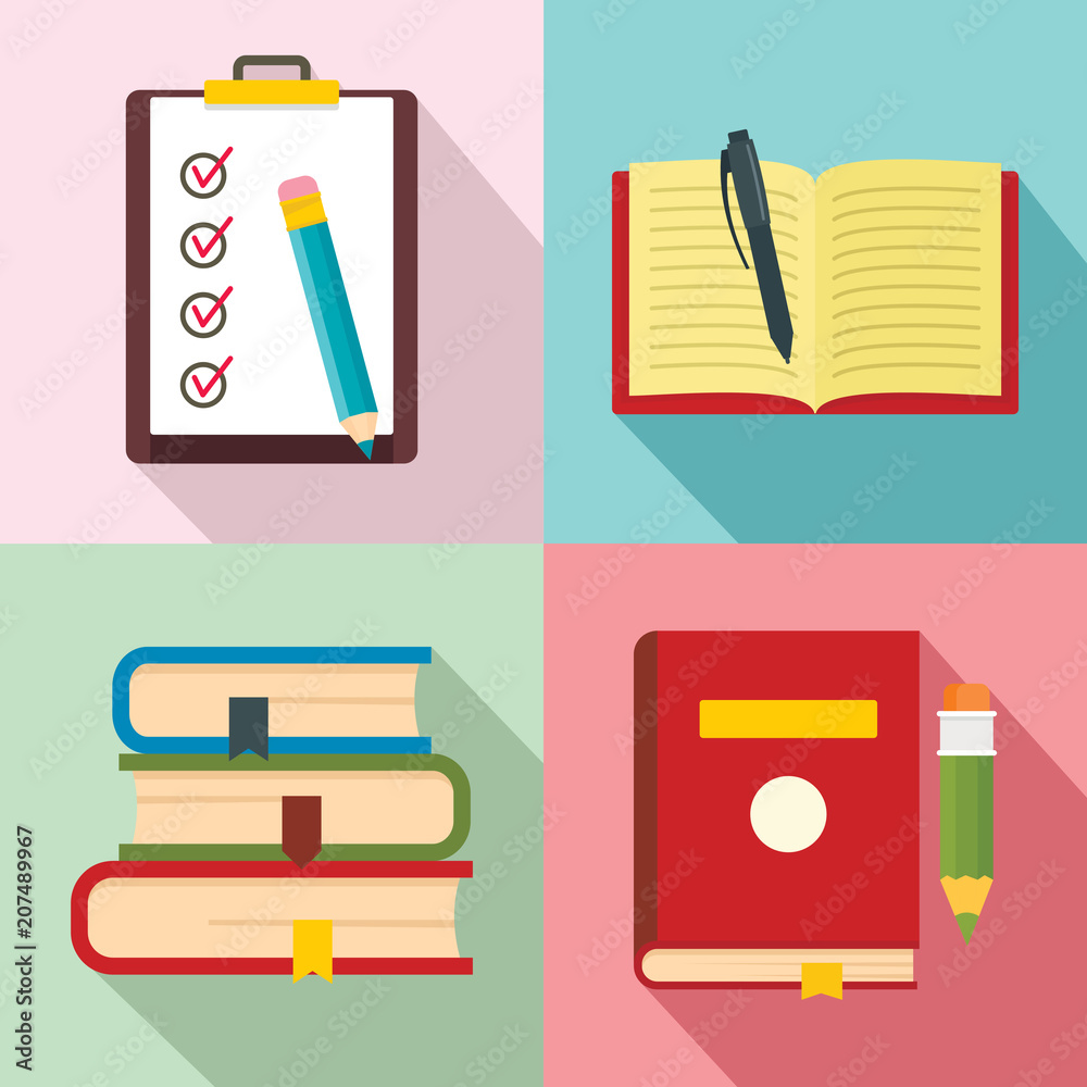 Homework study school icons set. Flat illustration of 4 homework study ...