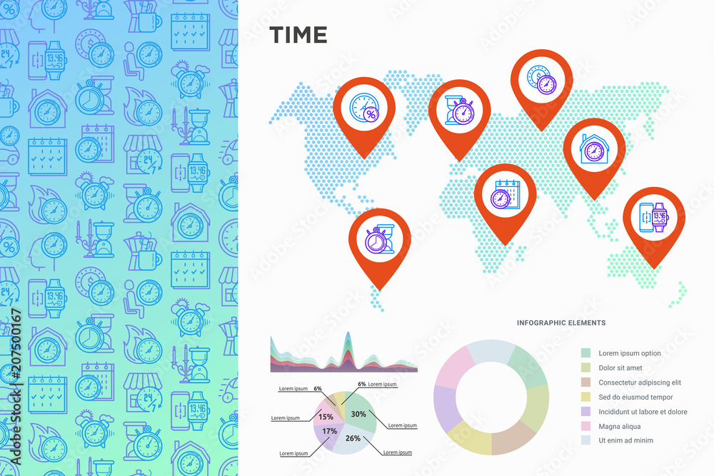 Time infographic on world map with thin line icons: coffee time ...