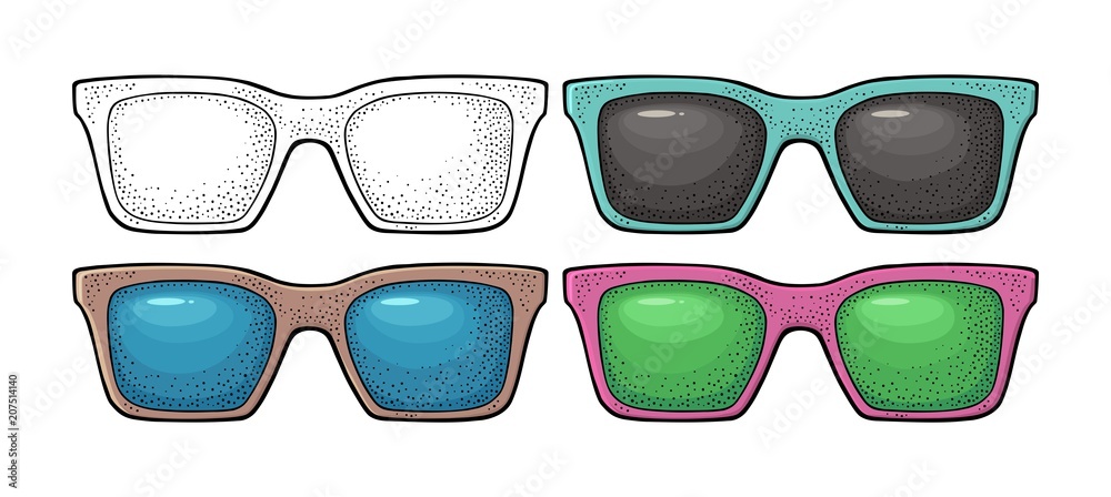 Collection of different color of retro sunglasses. Vintage vector ...