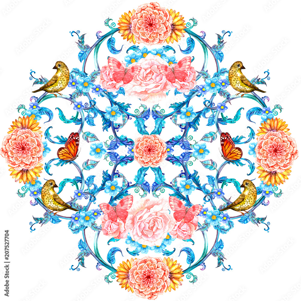 vintage arabesque with roses and birds. watercolor painting Stock ...