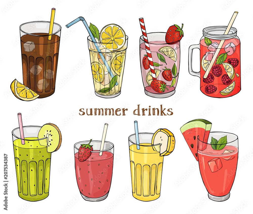 Set of non-alcoholic summer drinks. Lemonade and soda, strawberry and ...