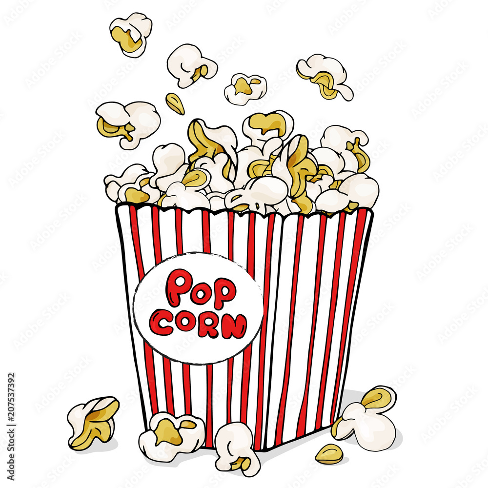 Box of popcorn. Colorful vector illustration on white background in ...